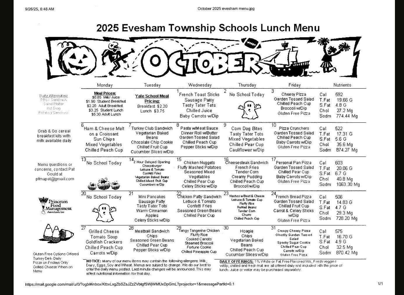 October 2025 Lunch Menu - Demasi Elementary PTA